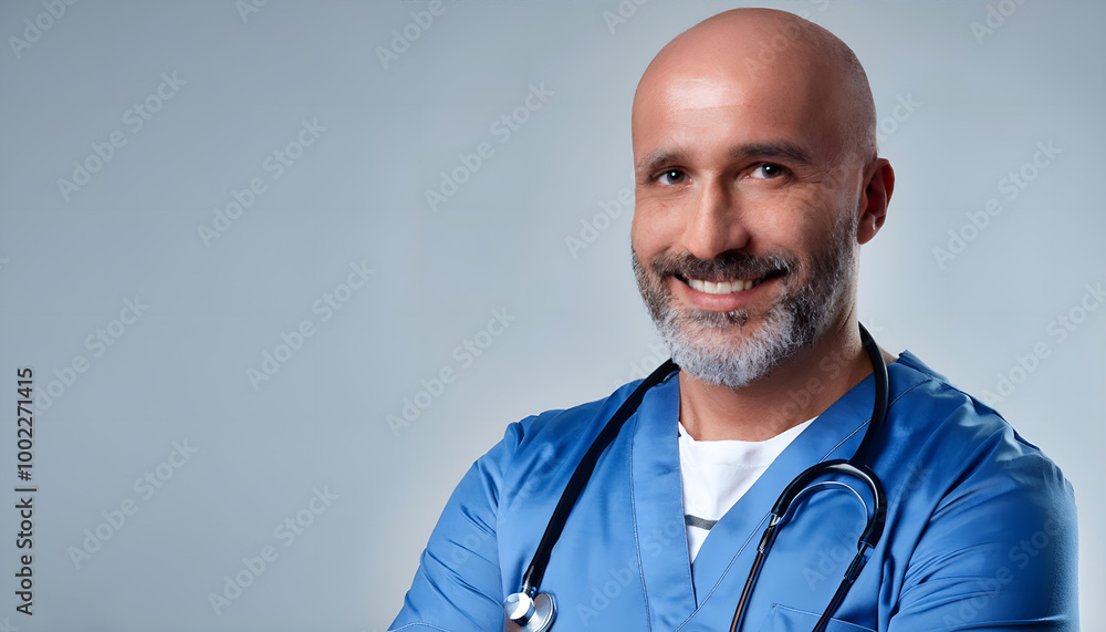 Confident male doctor wearing blue scrubs and stethoscope, smiling ...