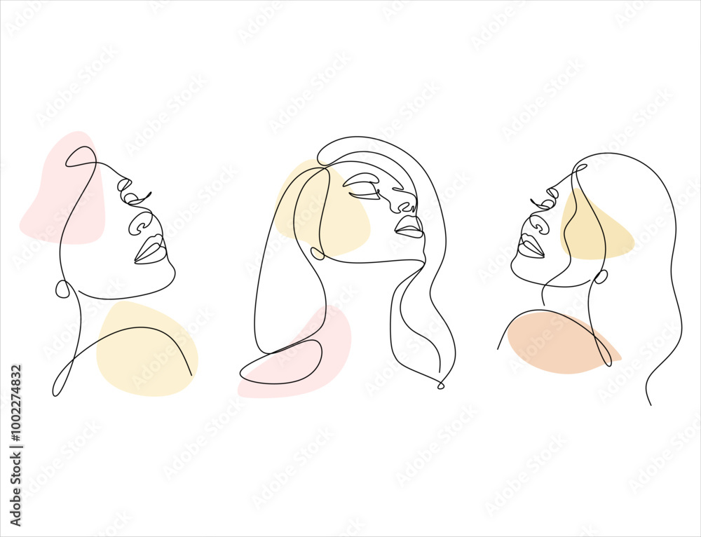 Abstract female face. Line drawing of female face. One line drawing of ...