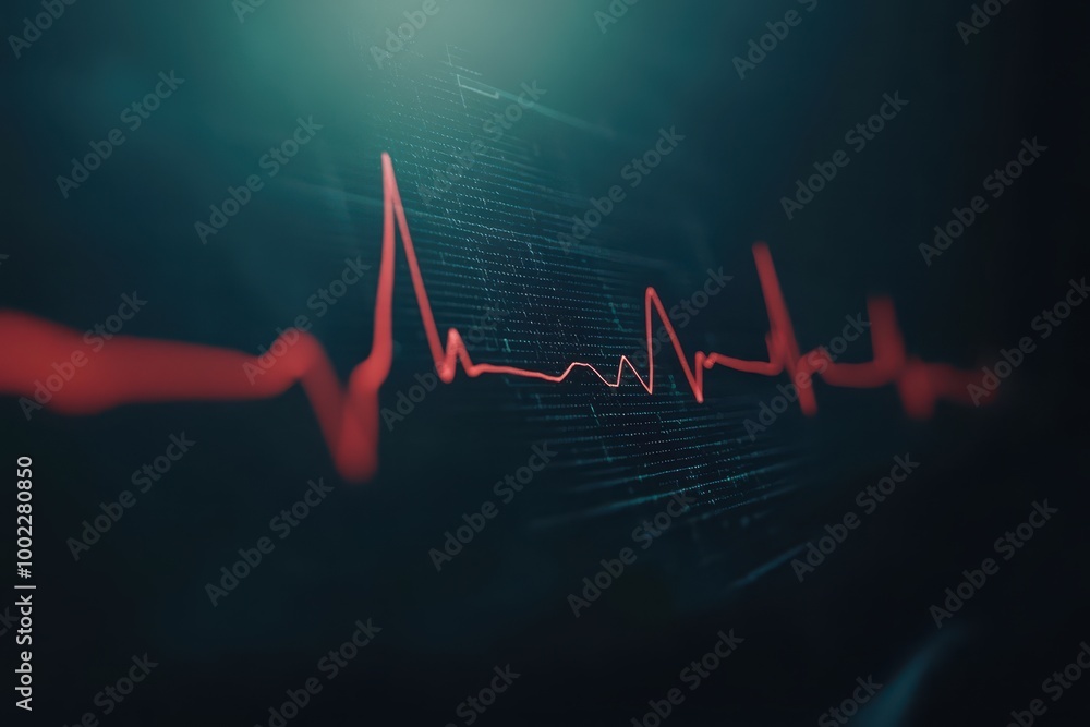 Red heart rate monitor displaying vital signs in a dimly lit medical ...