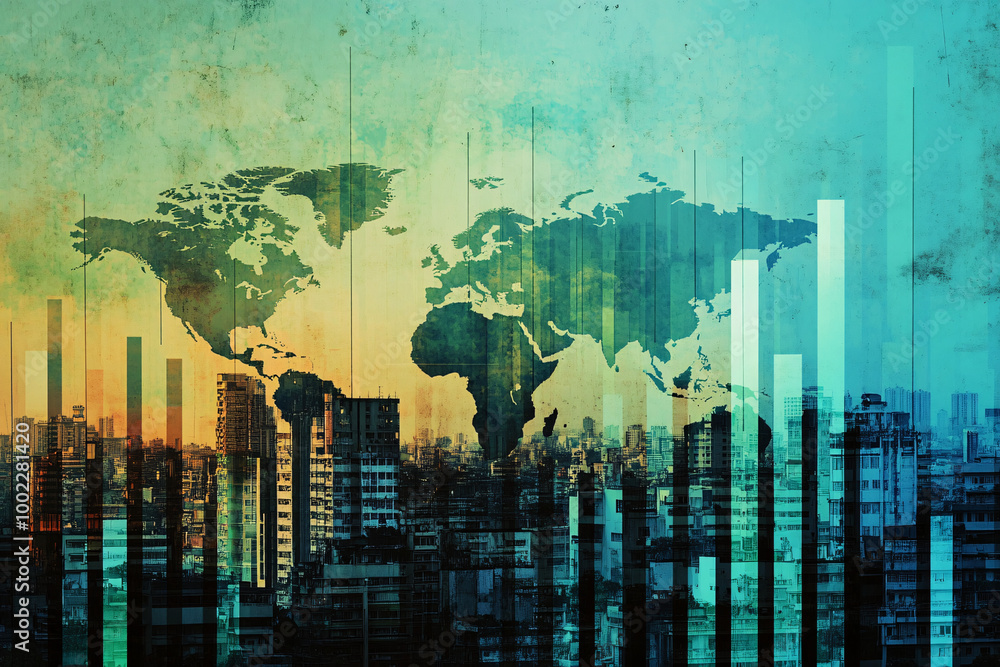 Abstract world map overlaid on a city skyline with tall vertical lines ...