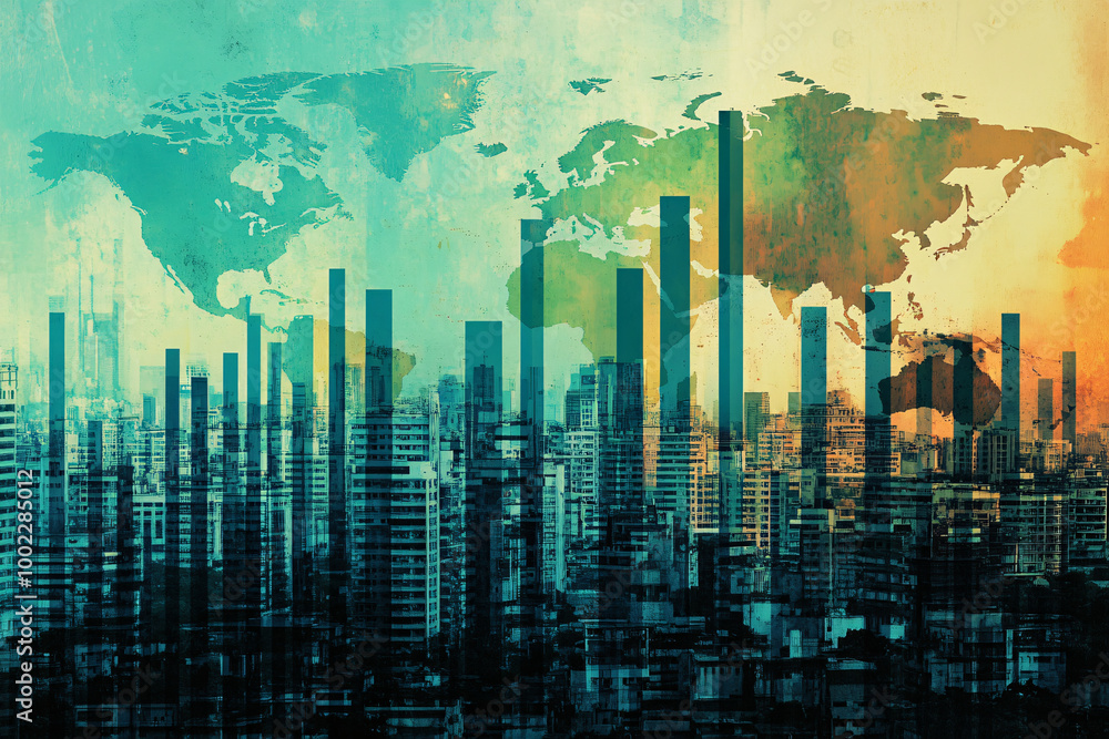 Abstract world map overlaid on a city skyline with tall buildings ...