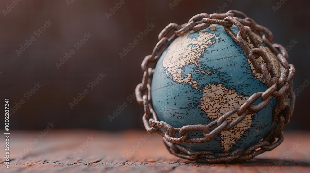 Globe wrapped in chains of currency symbols, representing global ...
