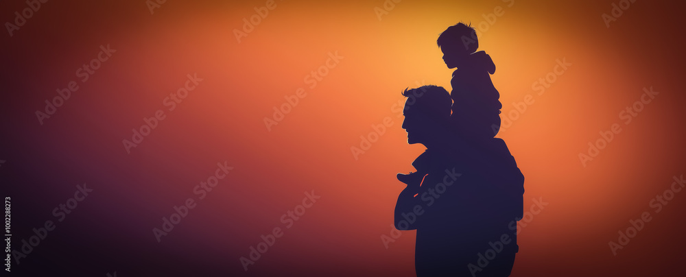 Father holding his child under a glowing orange sky, a touching ...