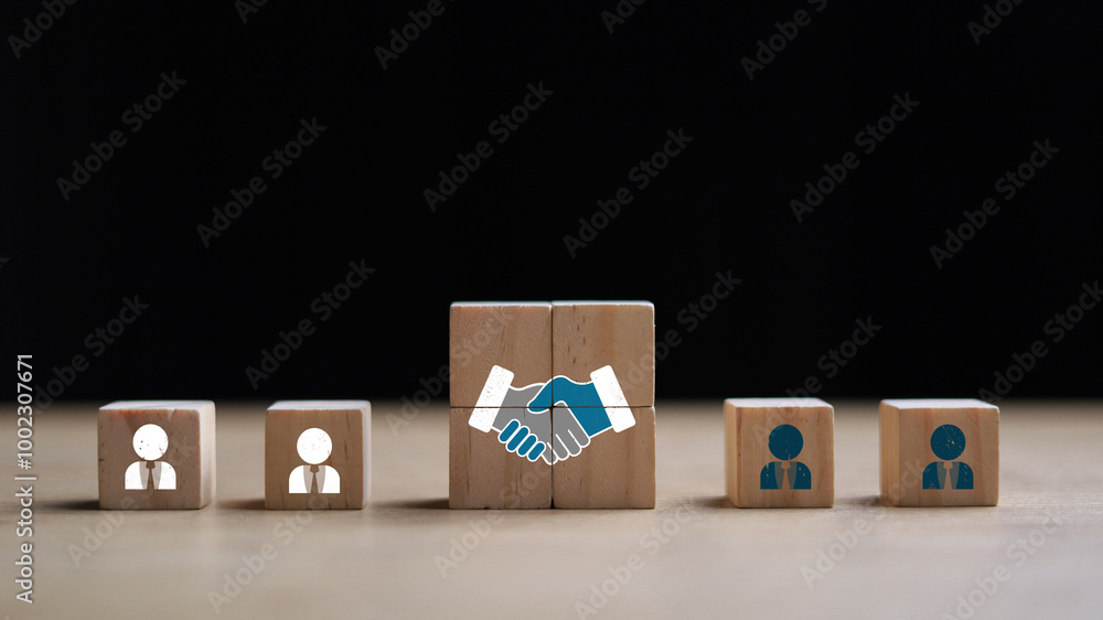hand shaking icon on wooden cube blocks and human in circle icon for ...