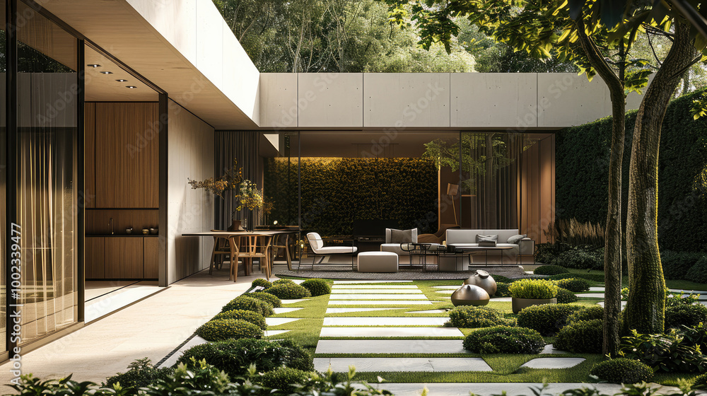External landscape setting, a small backyard garden with one large ...