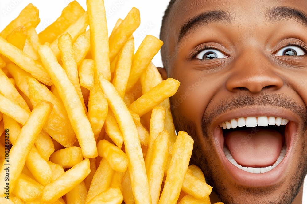 Man is holding a pile of french fries in his mouth. He is smiling and ...