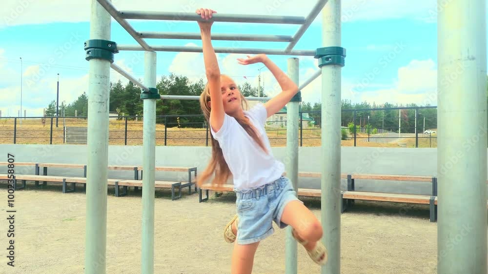 Little girl training on monkey bars hanging swinging from rung to rung ...