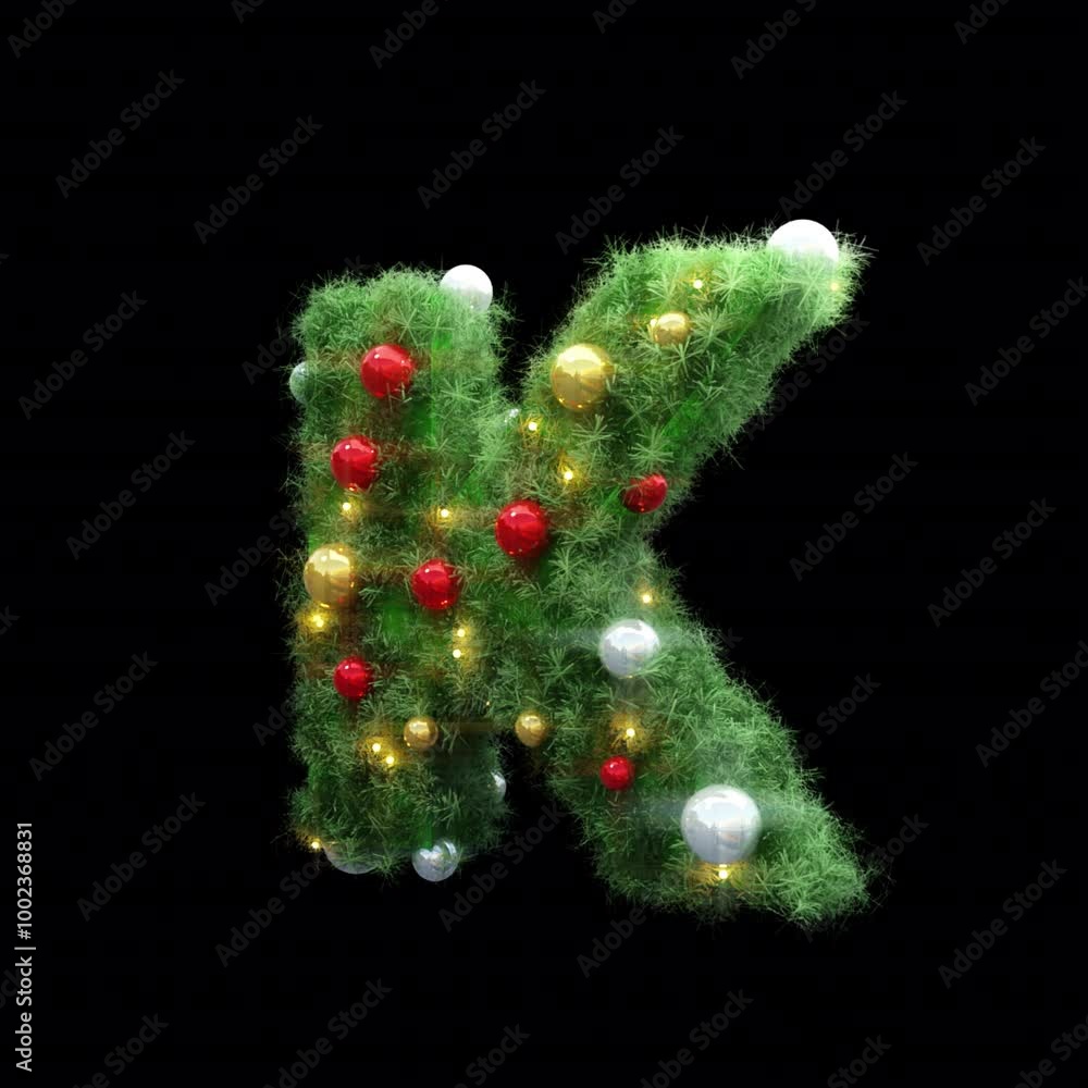 Letter K with Christmas decoration and glowing lights on a transparent ...