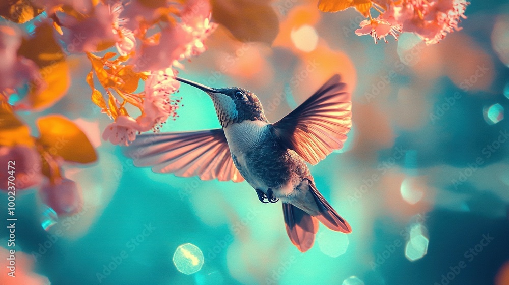 A hummingbird flying, wings wide open amidst pink flowers in the air ...