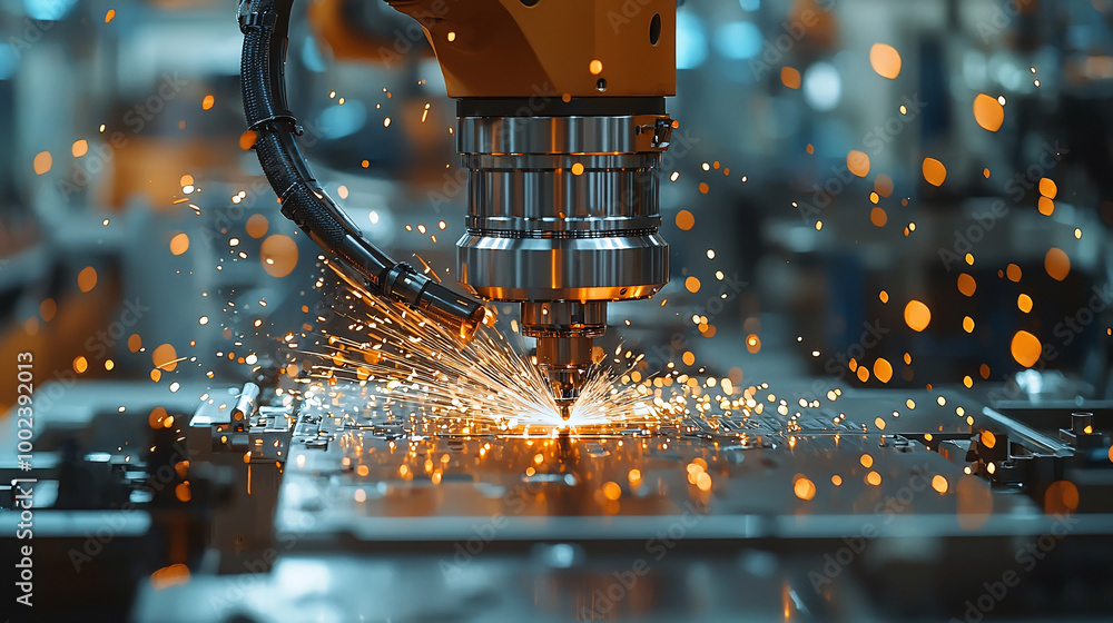 A close-up view of an automated welding process with sparks and metal ...