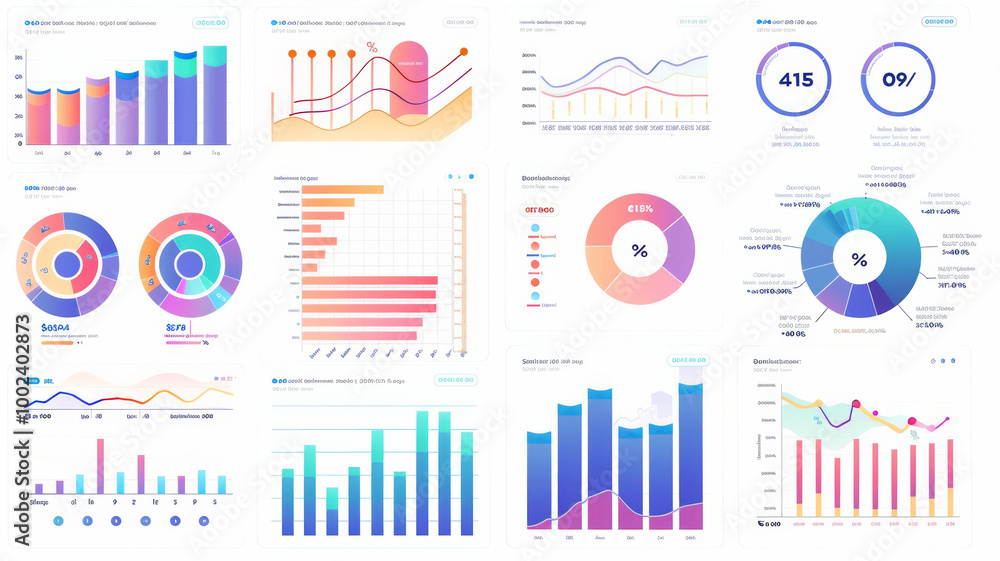 An image with many different charts and texts, bar chart, line chart ...