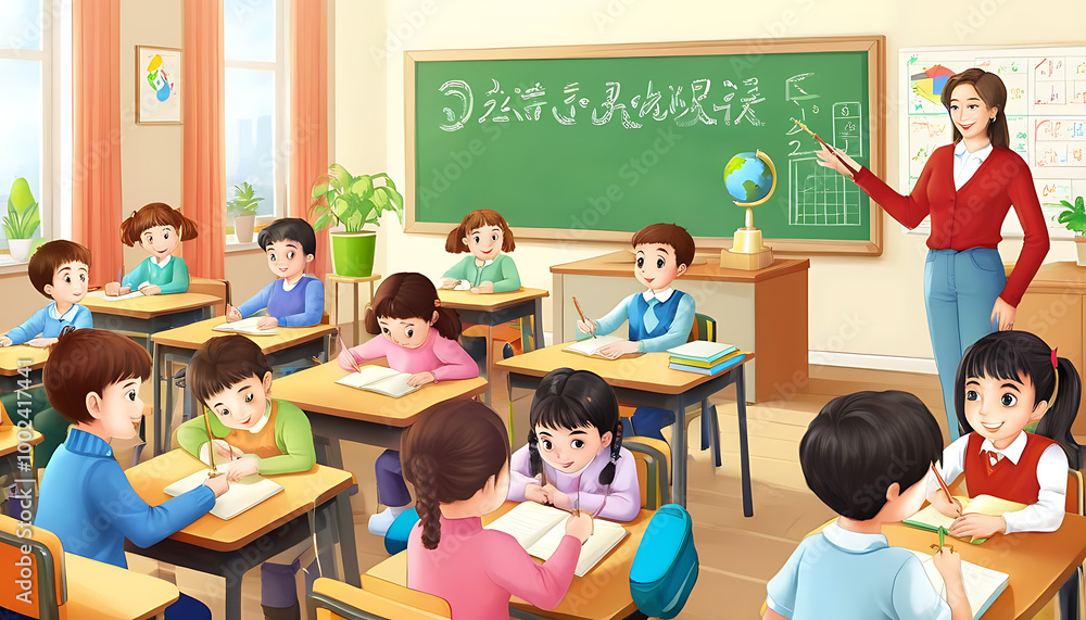 Primary school classroom teaching scene, teacher-student interaction to ...