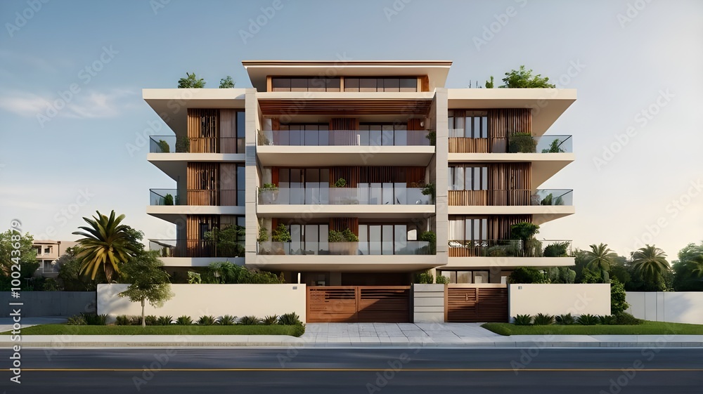 Front view of a luxury apartment exterior design isolated on a white ...