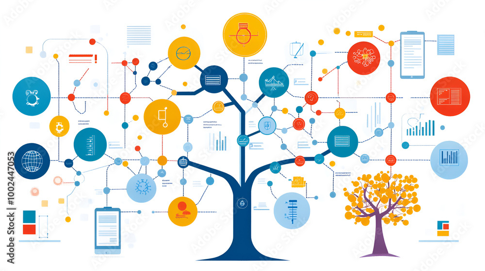 Colorful diagram illustrating a decision tree with branching paths and ...