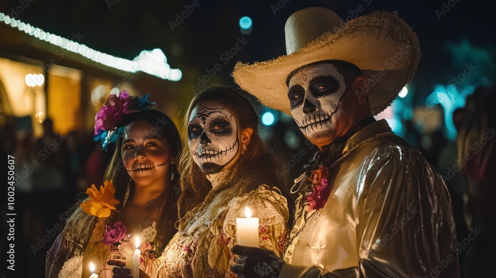 Festive trio of women in Catrina attire and a man in a white cowboy ...