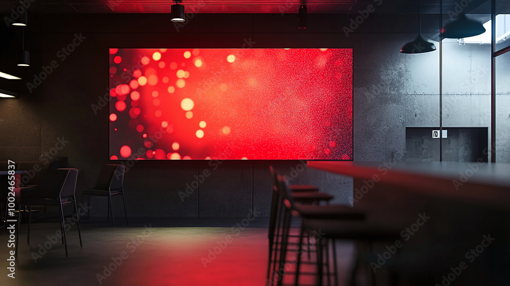 A big tv screen in a modern office breakout area; in a low angle shot ...
