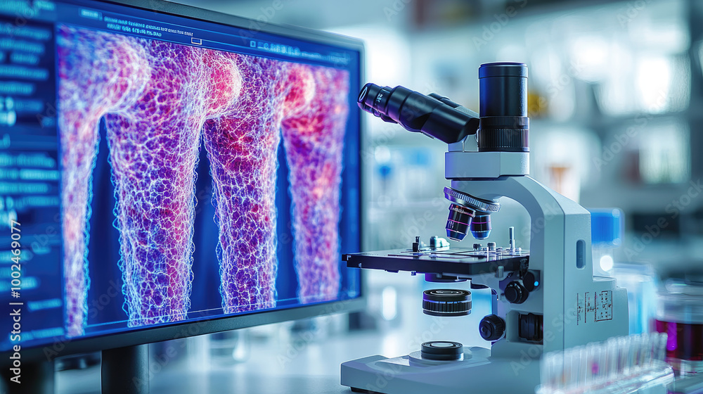 A high-resolution photograph of an advanced microscope with a digital ...