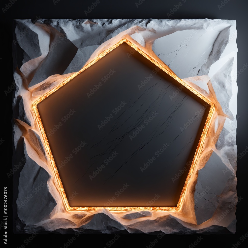glowing pentagonal design with a warm orange light, framed by rough ...