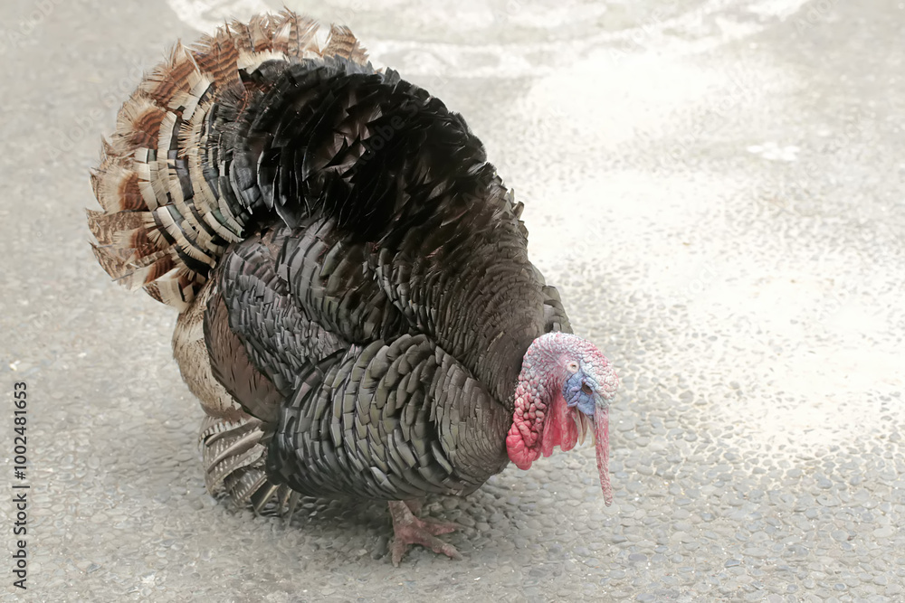 An adult male turkey flares its wing and tail feathers to threaten ...