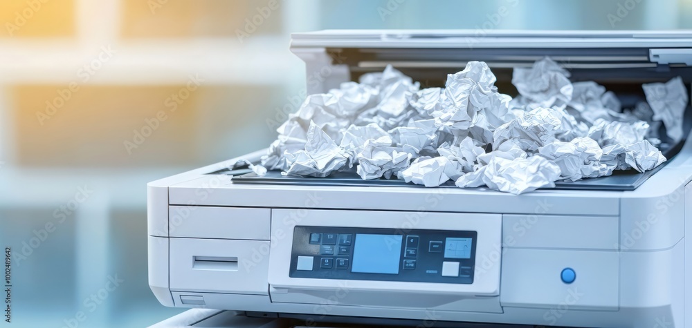 A printer filled with crumpled paper, highlighting a common office ...