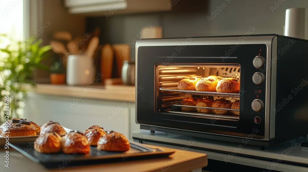 A modern toaster oven with a convection setting, baking pastries on a ...