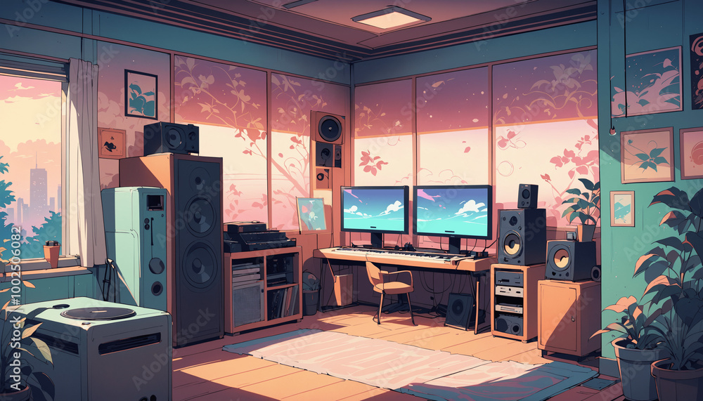 lo-fi music production room: cozy chill vibes, vintage speakers ...