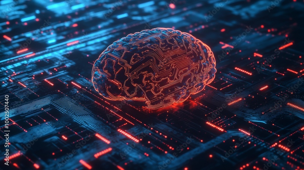 Brain, technology and neon circuit board with data for future ...