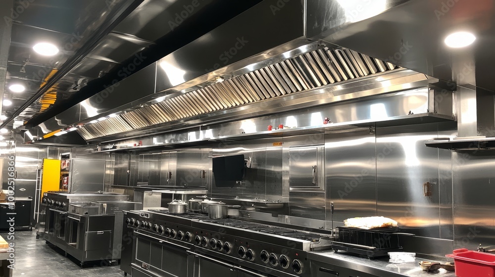 Professional Grade Kitchen Gleaming Stainless Steel Hood, Ductwork, and ...