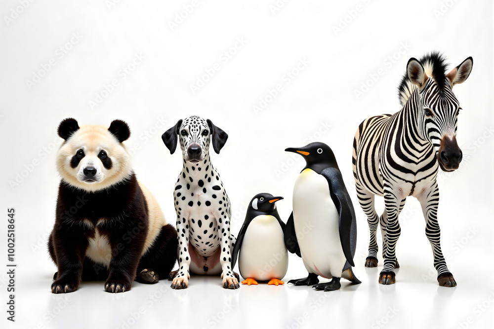 A panda, a Dalmatian dog, a penguin and a zebra, isolated on white ...