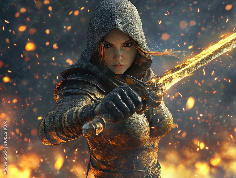 Fantasy female hooded warrior ranger poised for action wielding a shimmering two handed sword ...