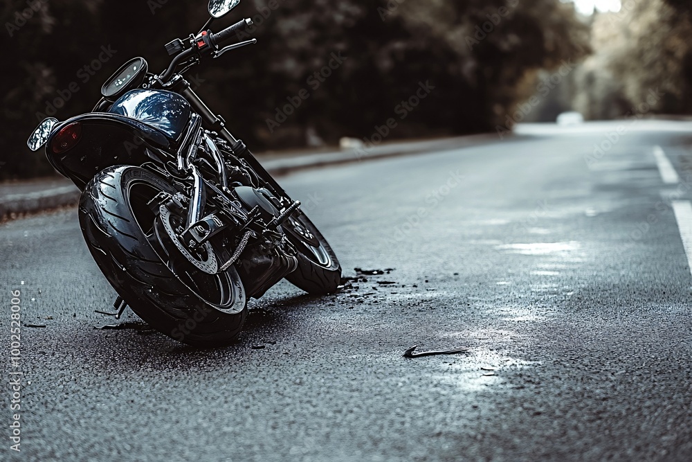 Black motorcycle lies fallen on the road after a crash, highlighting ...