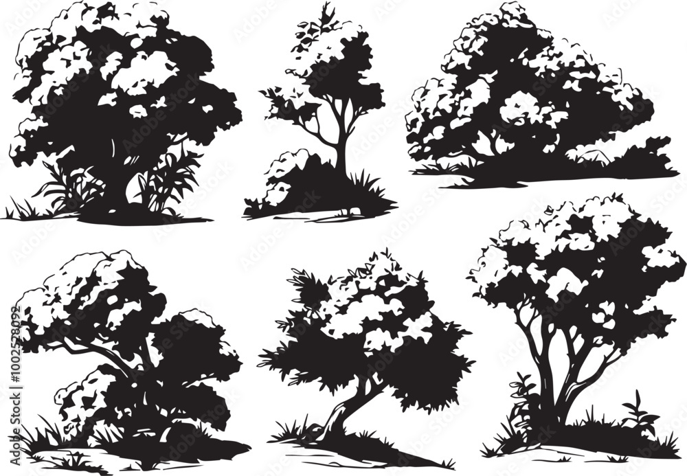 Silhouette tree set. Side view, set of graphic trees elements outline ...
