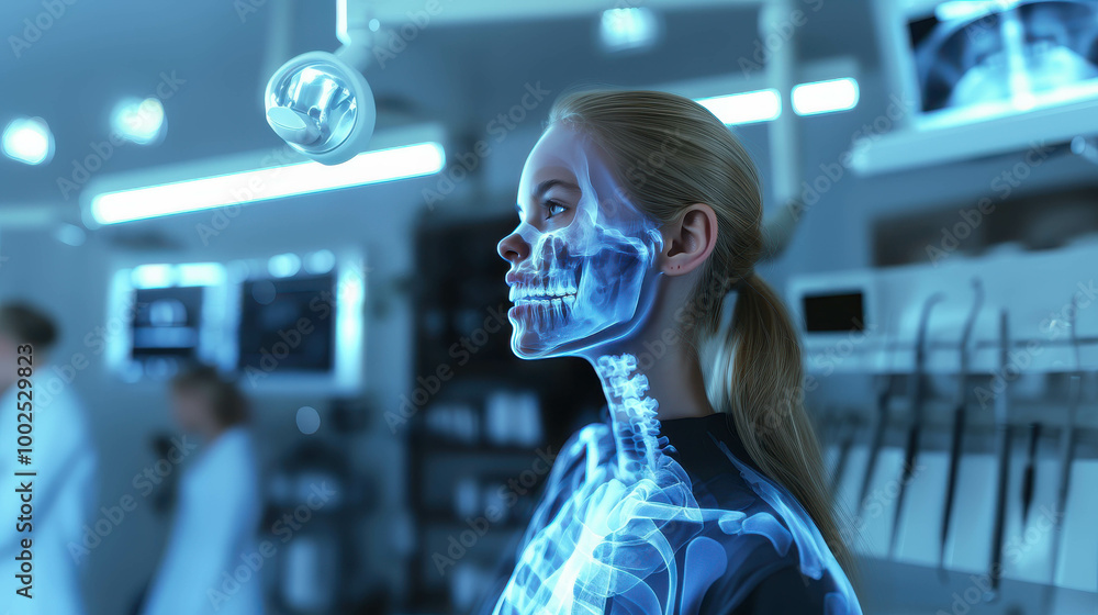 A woman's head is shown in a blue and white color scheme. The image is ...