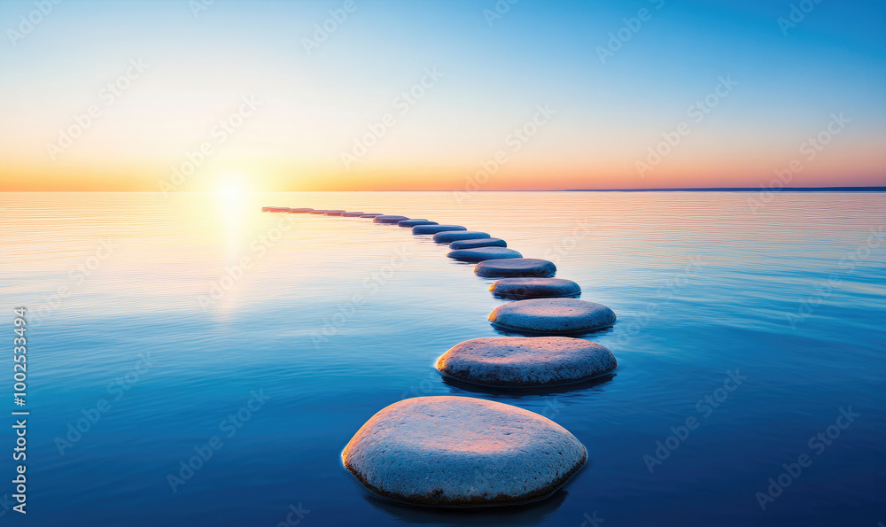 Smooth, round stones forming a path across calm water during sunset ...