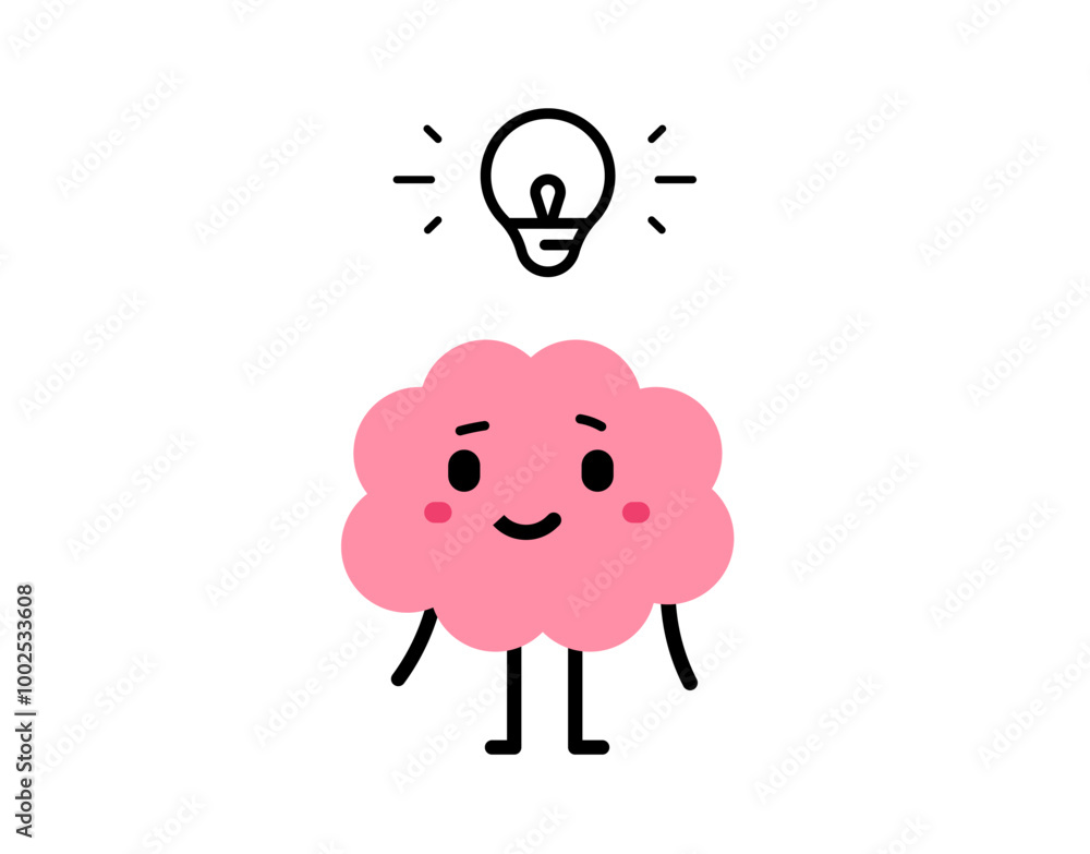Vector cartoon illustration of cute happy brain character with line ...