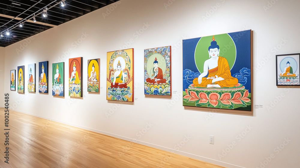 a gallery wall displaying various sizes of Tibetan Buddhist paintings ...