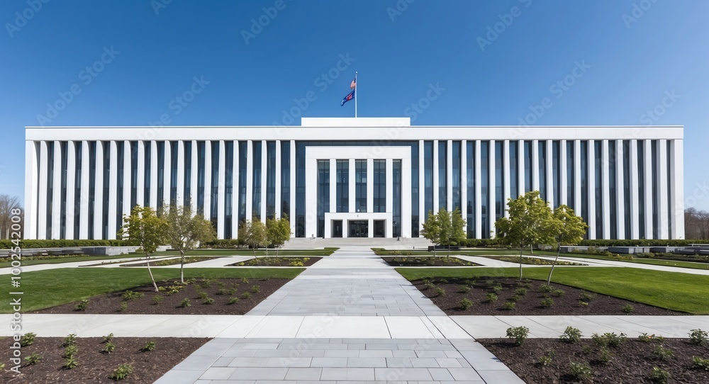 Modern government facility with a wide white facade small garden areas ...