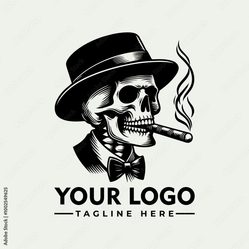 Skeleton smoking cigar, wearing top hat and bowtie vector logo Skeleton ...