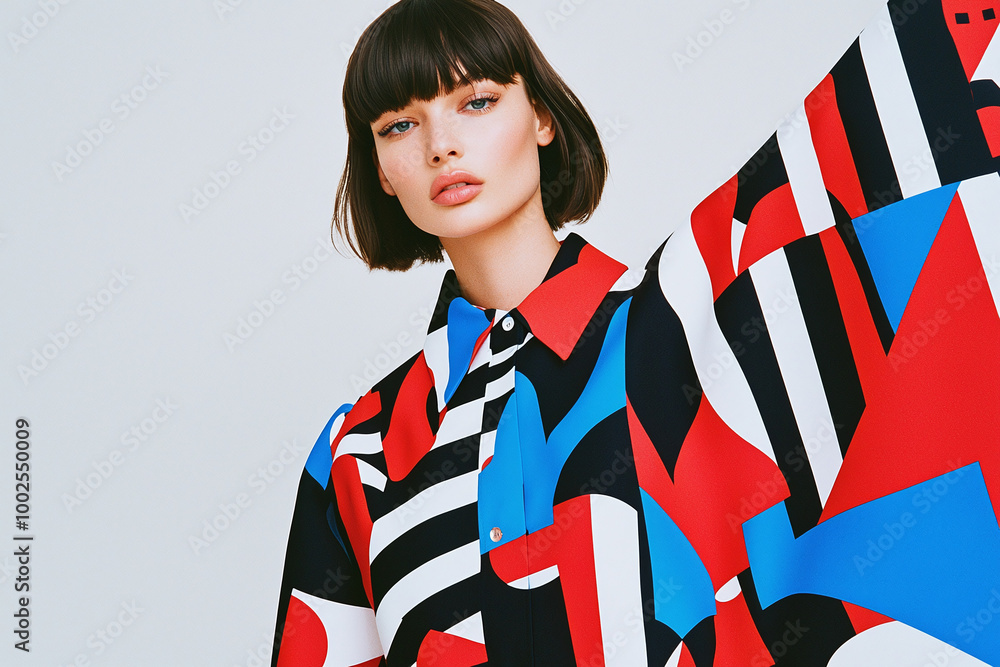 stylized fashion model portrait integrated with bold, colorful patterns ...