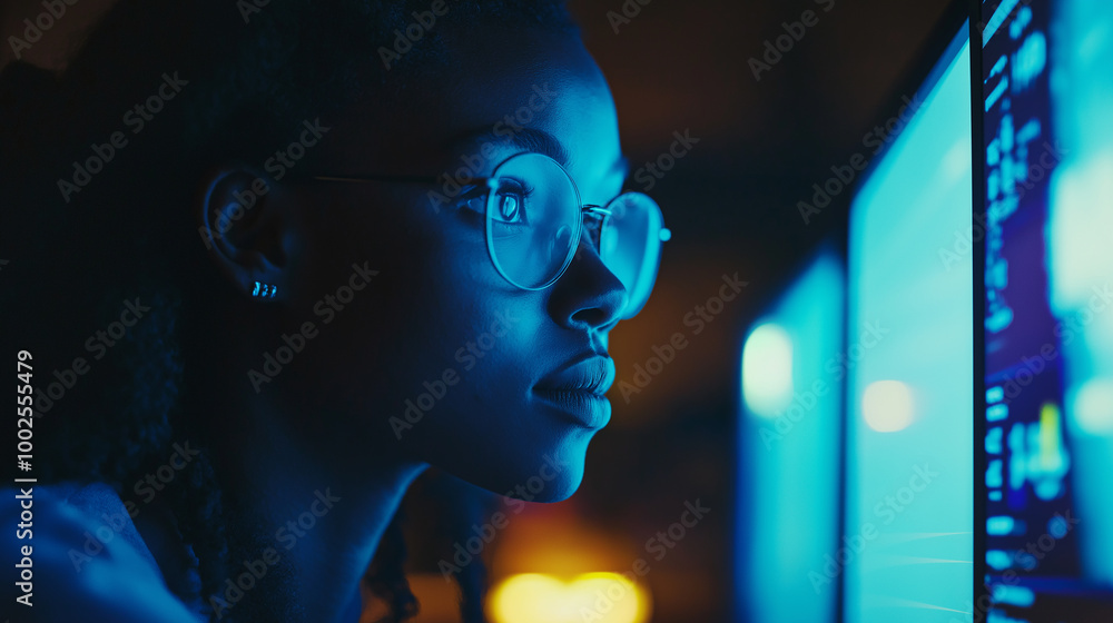 Black female cyber security analyst analysing AI cyberspace threats on ...