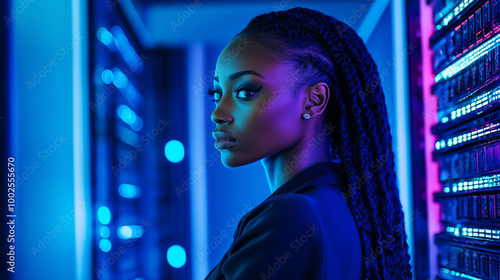 Black female cyber security analyst analysing AI cyberspace threats on ...