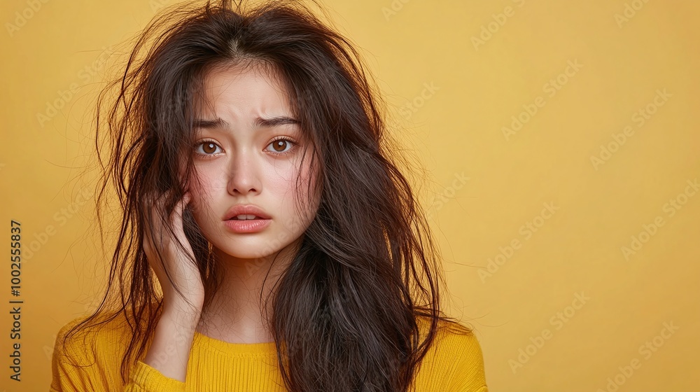 worried asian woman with serious hair loss problem holding falling out ...