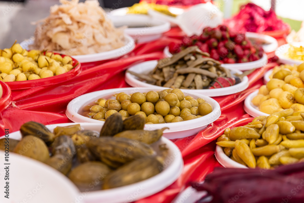homemade vegetable pickles,Stand with mixed pickles at an open-air ...
