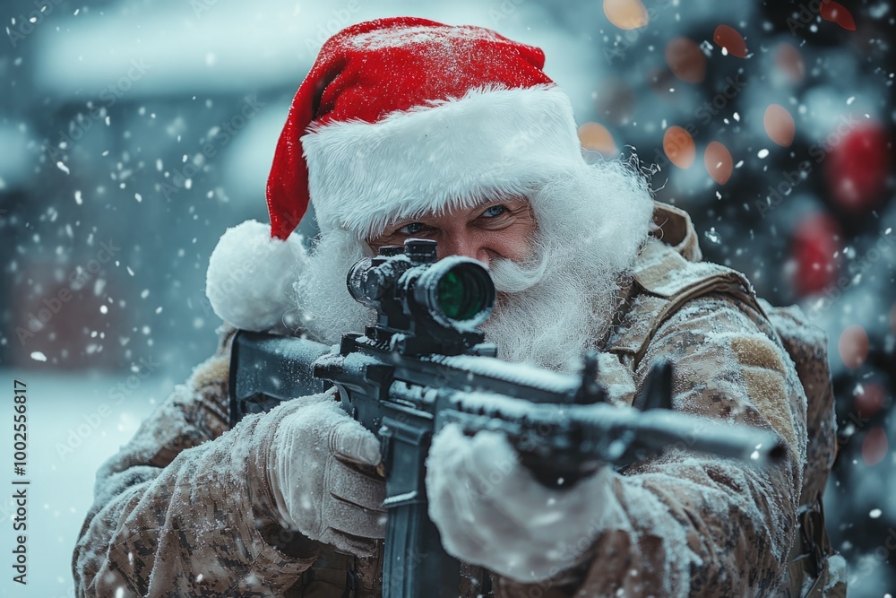 Santa claus wearing traditional costume aiming with a rifle in snowfall ...