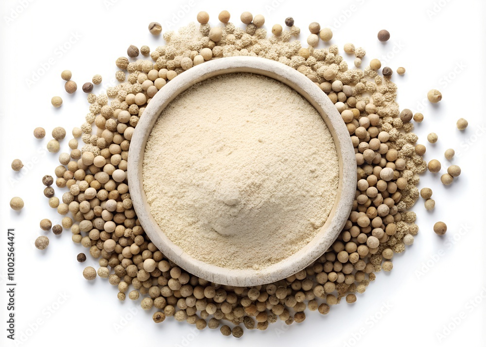 Milled white pepper powder round frame and border, peppercorn circle ...