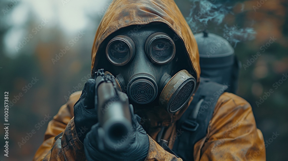 man equipped with a gas mask and rifle, ready for defense and survival ...