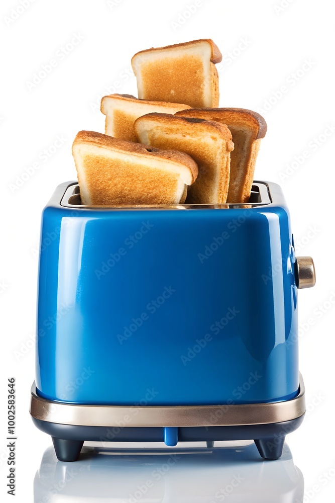 Roasted toasts popping out of a blue toaster, isolated on white ...