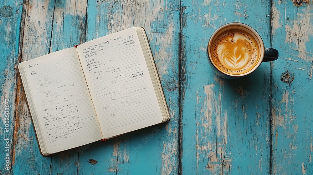 peaceful flat lay of an open notebook and coffee on a blue wooden desk ...