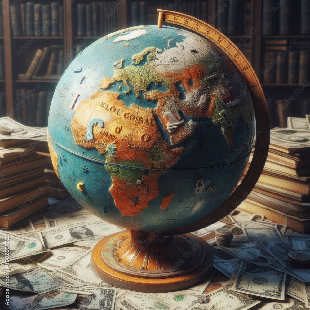 A detailed globe depicting continents and countries is placed among ...