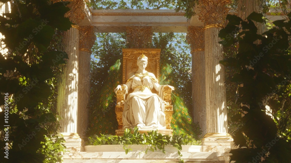 Majestic Hera: Goddess of Royalty on Peacock Throne Surrounded by Lush ...